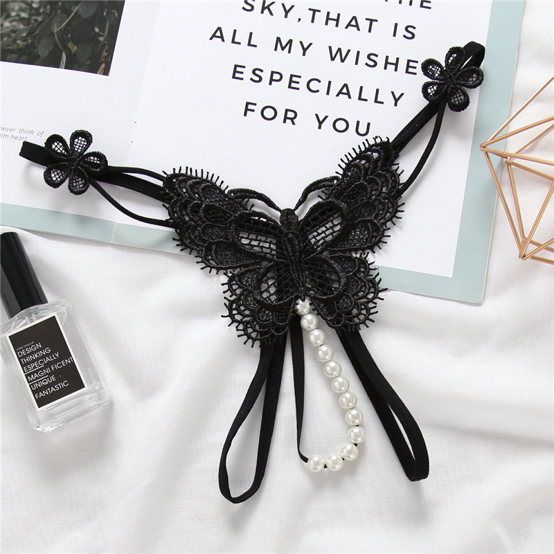 Sexy Underwear Open Crotch Butterfly G-string Lace With Pearl Thongs on ...