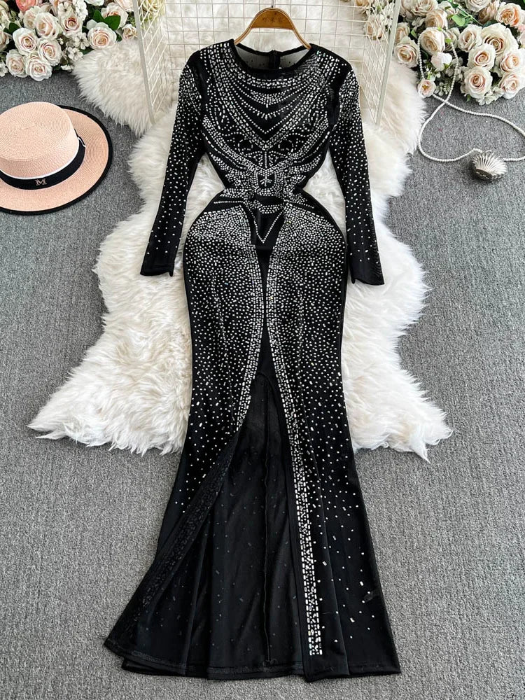 Sparkling Black Long-sleeve Gown With Rhinestones on Luulla