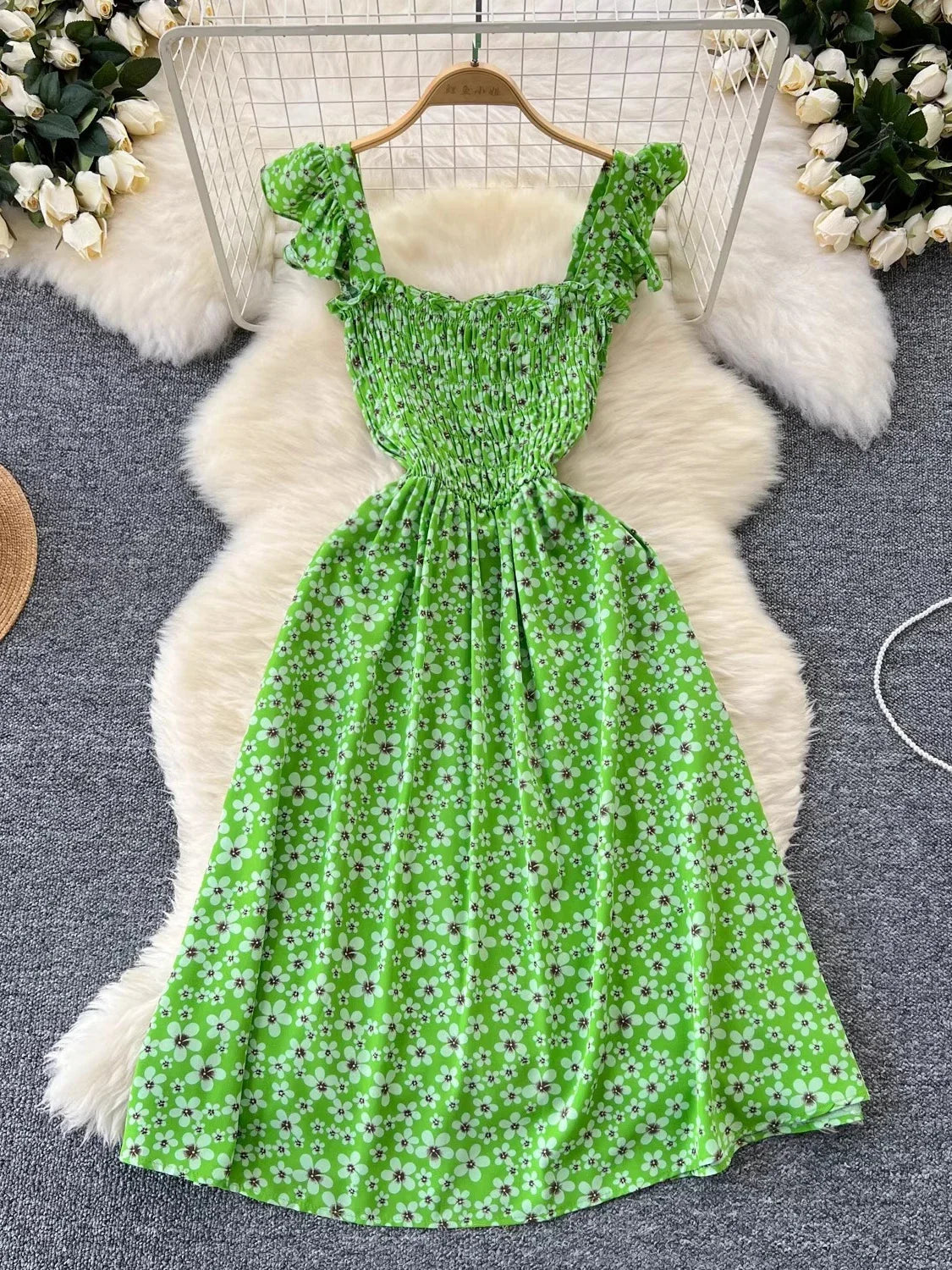 Green Floral Smocked Midi Dress With Ruffle Sleeves on Luulla