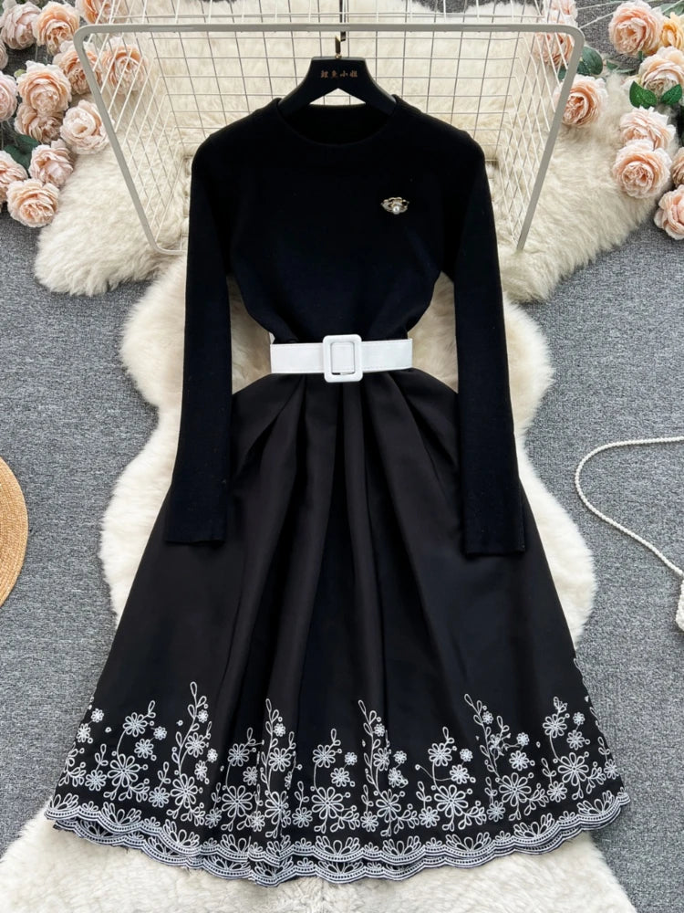 Black Dress With Floral Embroidered Hem And Belt on Luulla