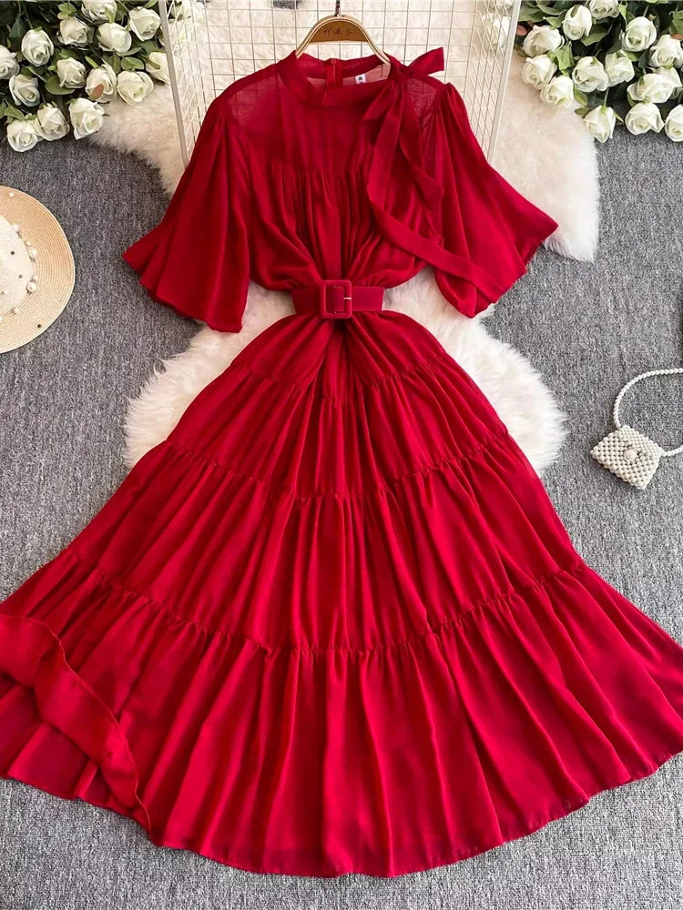 Red Belted Dress With Flowy Tiered Design on Luulla