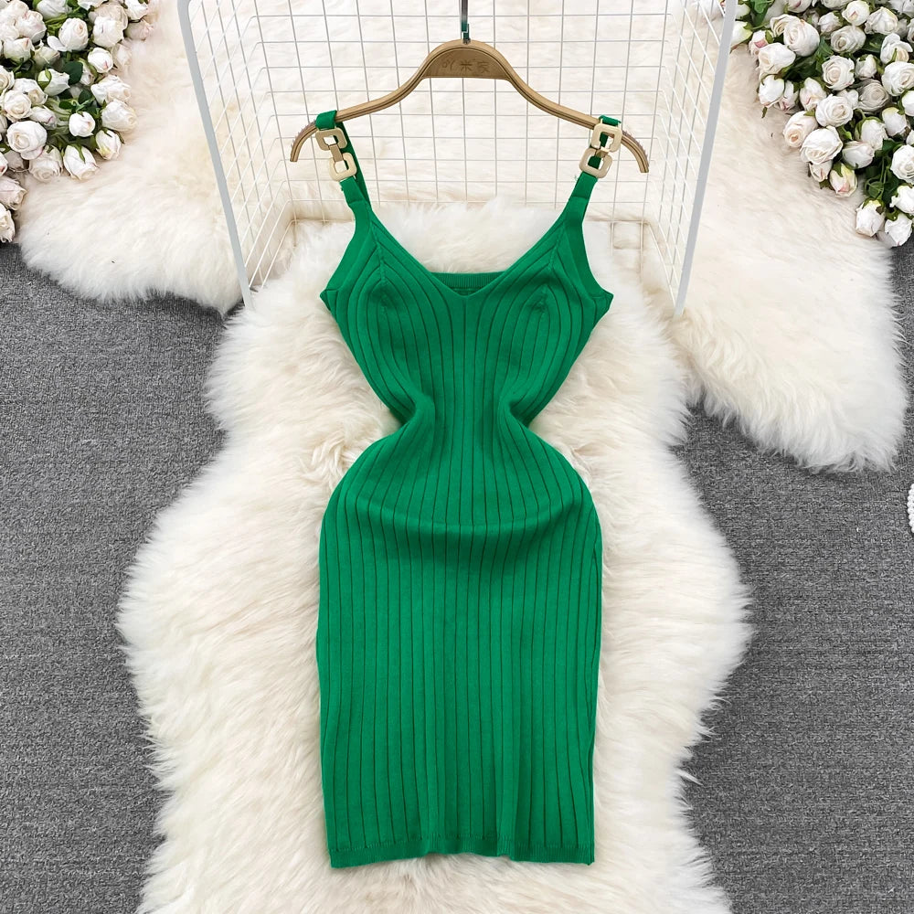 Green Ribbed Bodycon Dress With Adjustable Straps on Luulla
