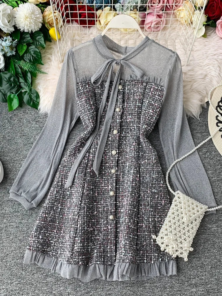 Tweed Dress With Sheer Sleeves And Buttons on Luulla