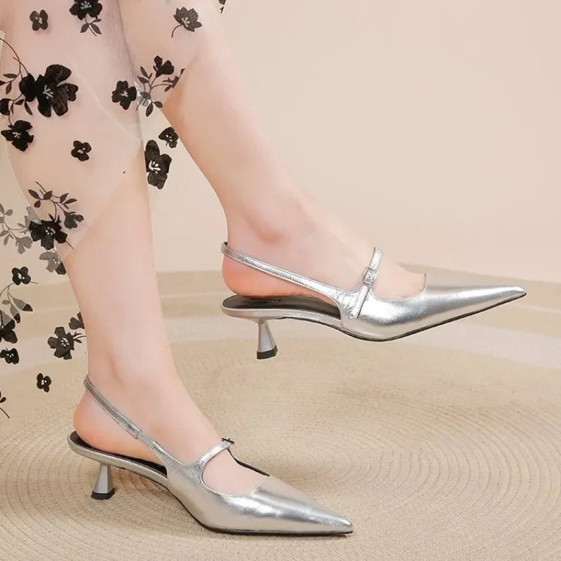 Silver Pointed Slingback Heels With Strappy Design on Luulla