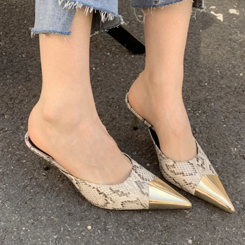 Snakeskin Mules With Gold-tipped Pointed Toe Heels on Luulla