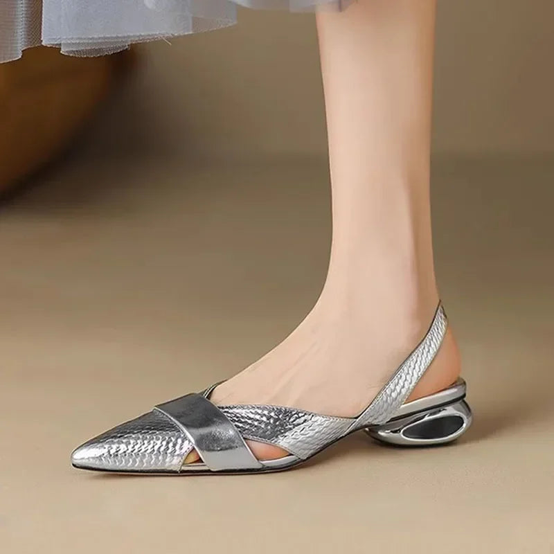Silver Pointed Slingback Flats With Unique Heel on Luulla