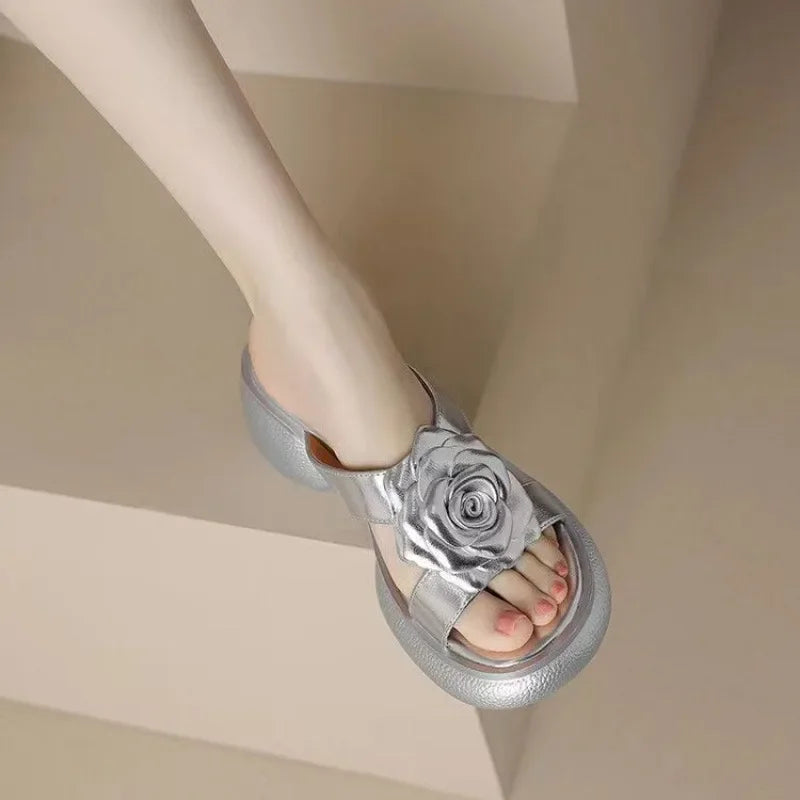 Silver Metallic Sandals With Rose Flower Accent on Luulla