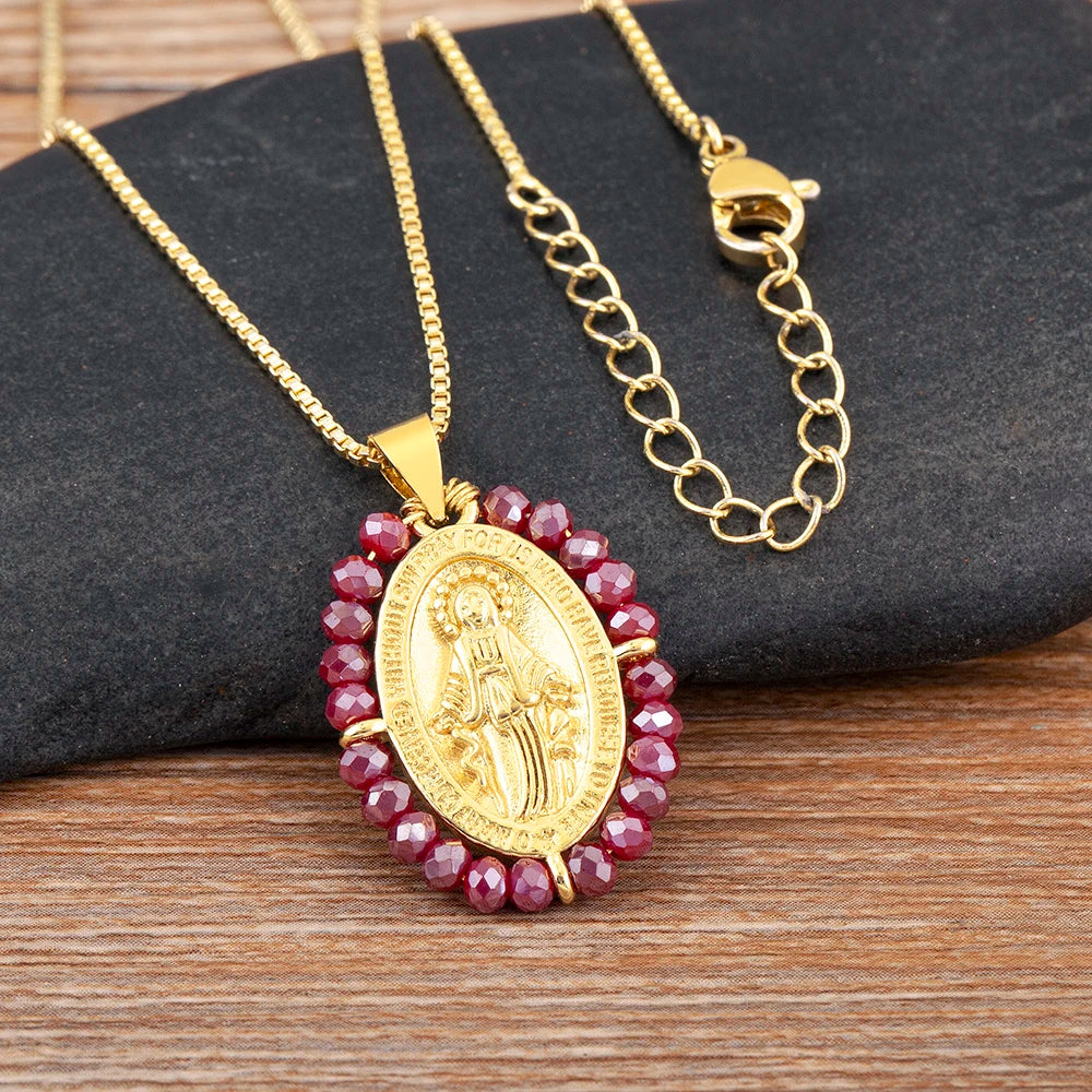 Gold-plated Oval Beaded Virgin Mary Necklaces on Luulla